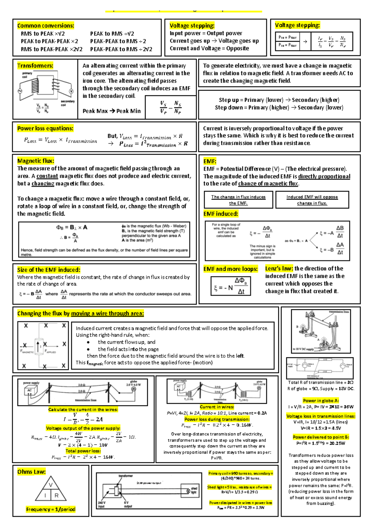 VCE Physics Unit 3 Electricity Summary Sheet - Physics SAC – AOS 2 ...