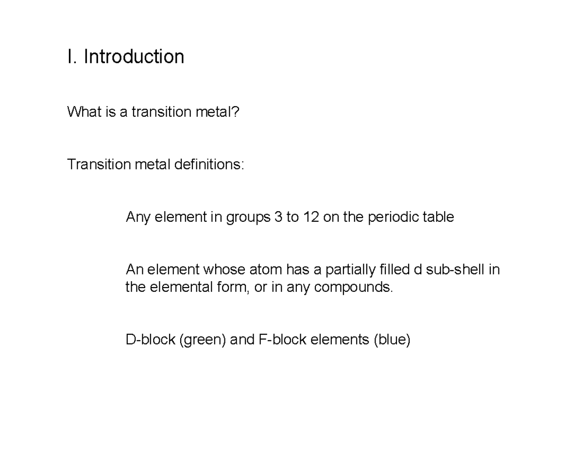 Transition Metals Overview: Definitions, Properties, and Trends - Studocu
