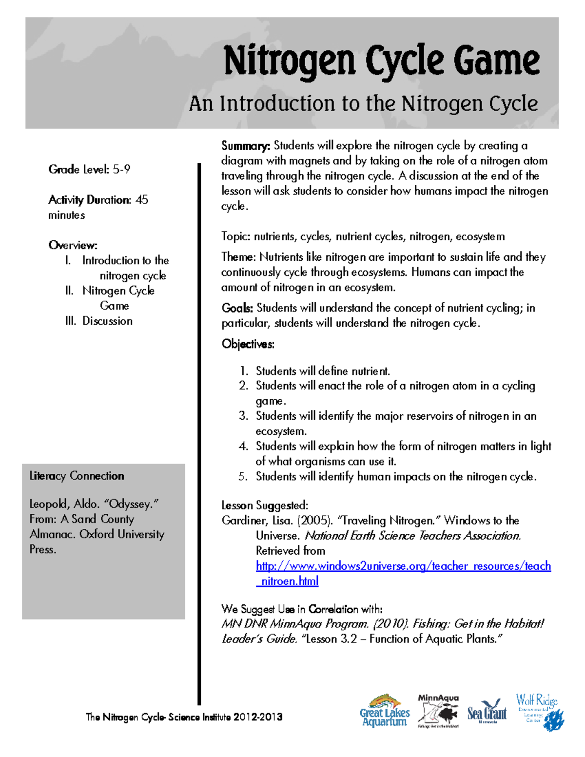 MN DNR Nitrogen Cycle Lesson Plan for Grades 5-9 Activities - Studocu