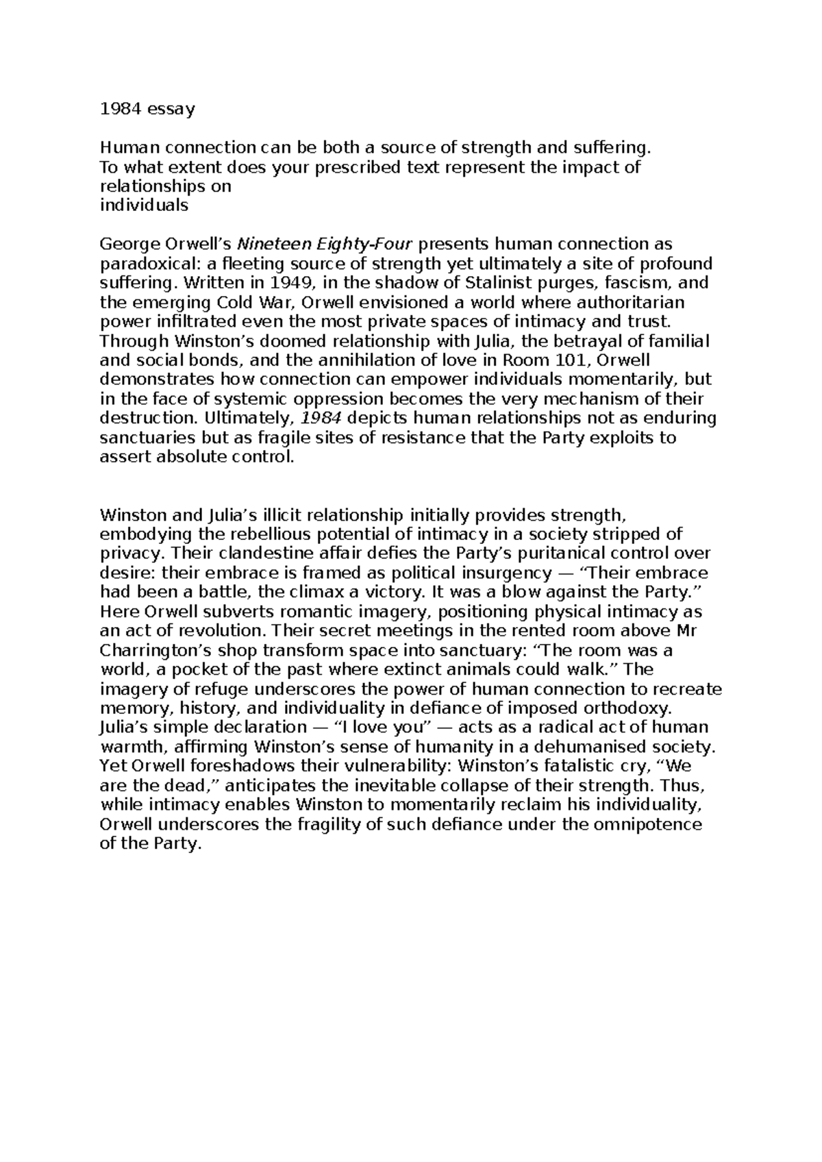 1984 Essay: The Paradox of Human Connection in Orwell's Dystopia - Studocu