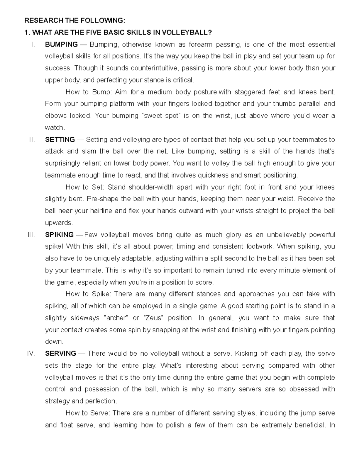 PE ASSIGNMENT 5: Essential Volleyball Skills and Techniques - Studocu