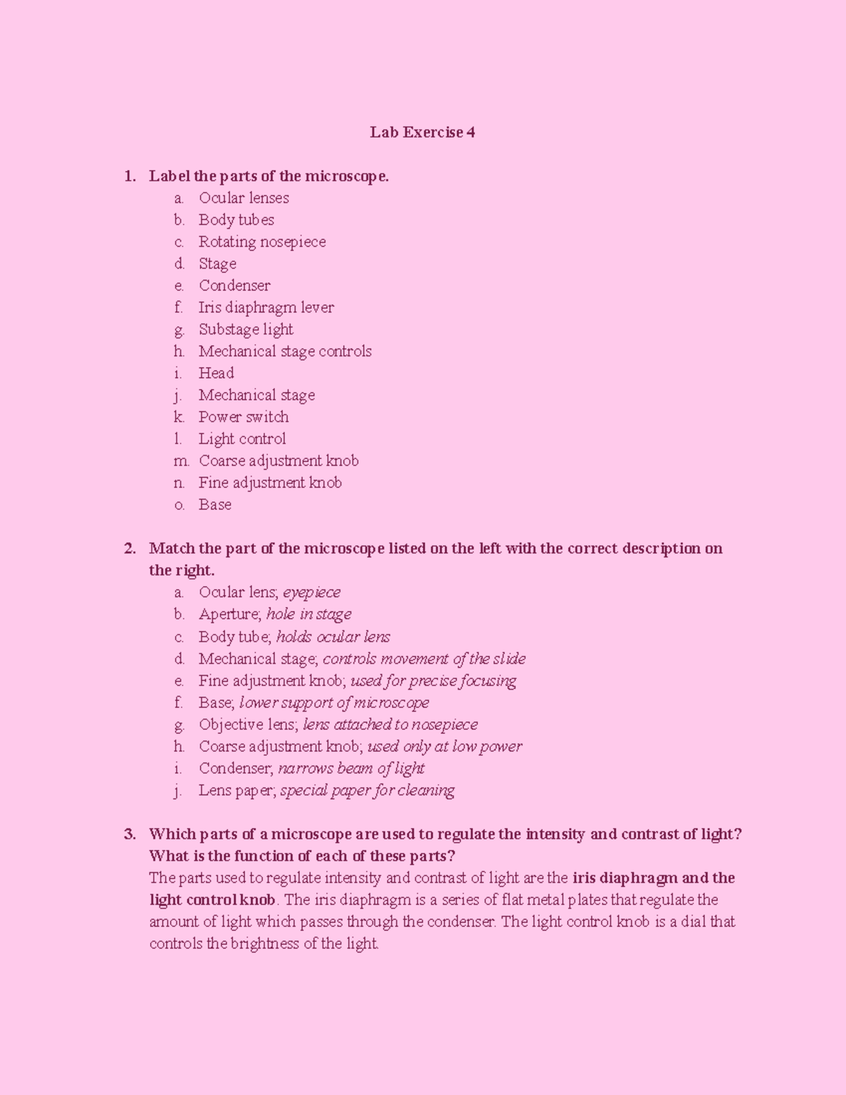 LAB Exercises 4-5: Microscope Parts & Cell Division Overview - Studocu