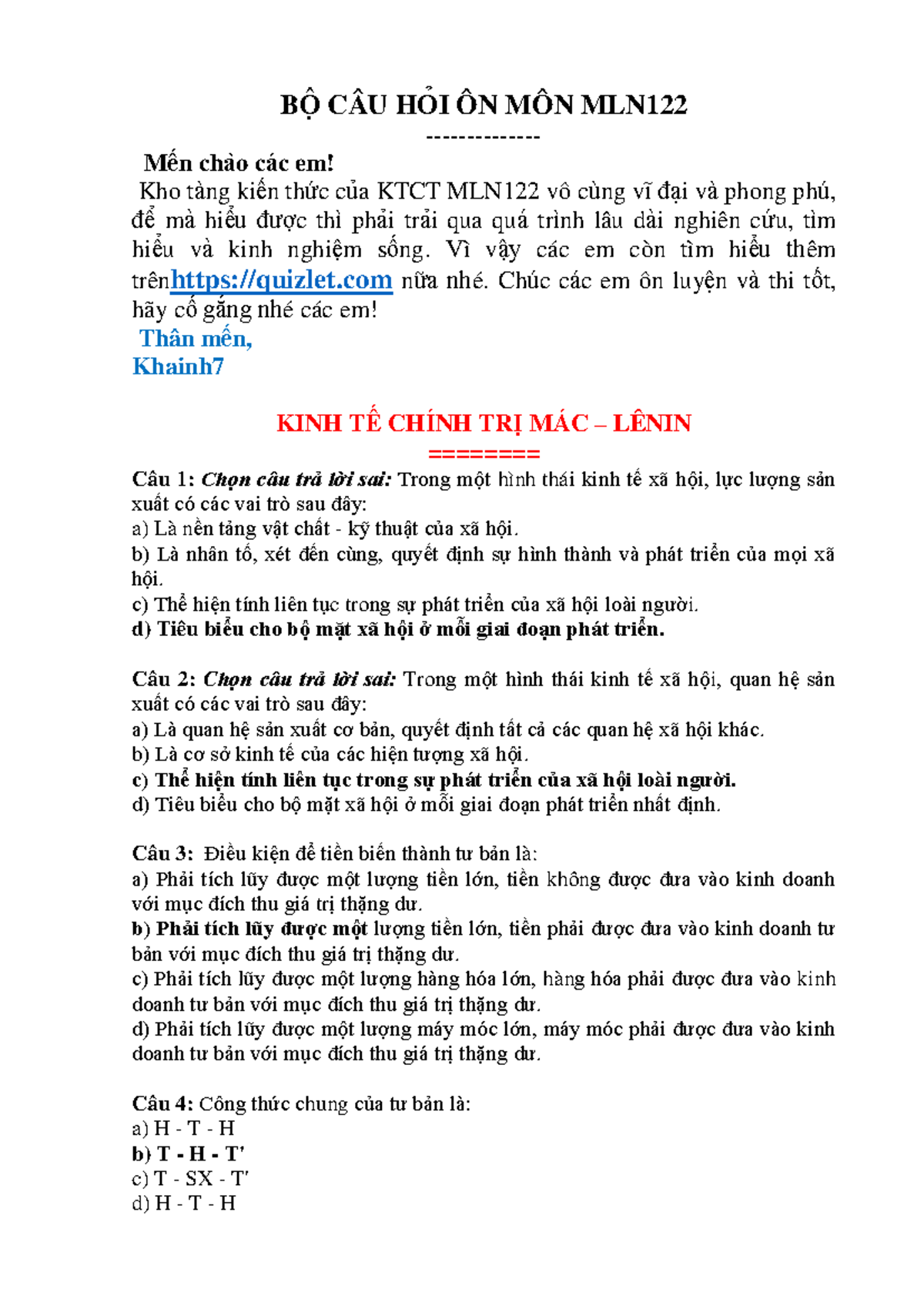 MLN122 Quiz 1: Ôn Tập Kiến Thức Kinh Tế Chính Trị Mác – Lênin - Studocu