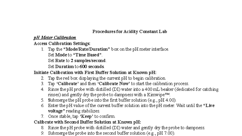Acidity Constant Lab Procedures: pH Meter Calibration & Titration - Studocu