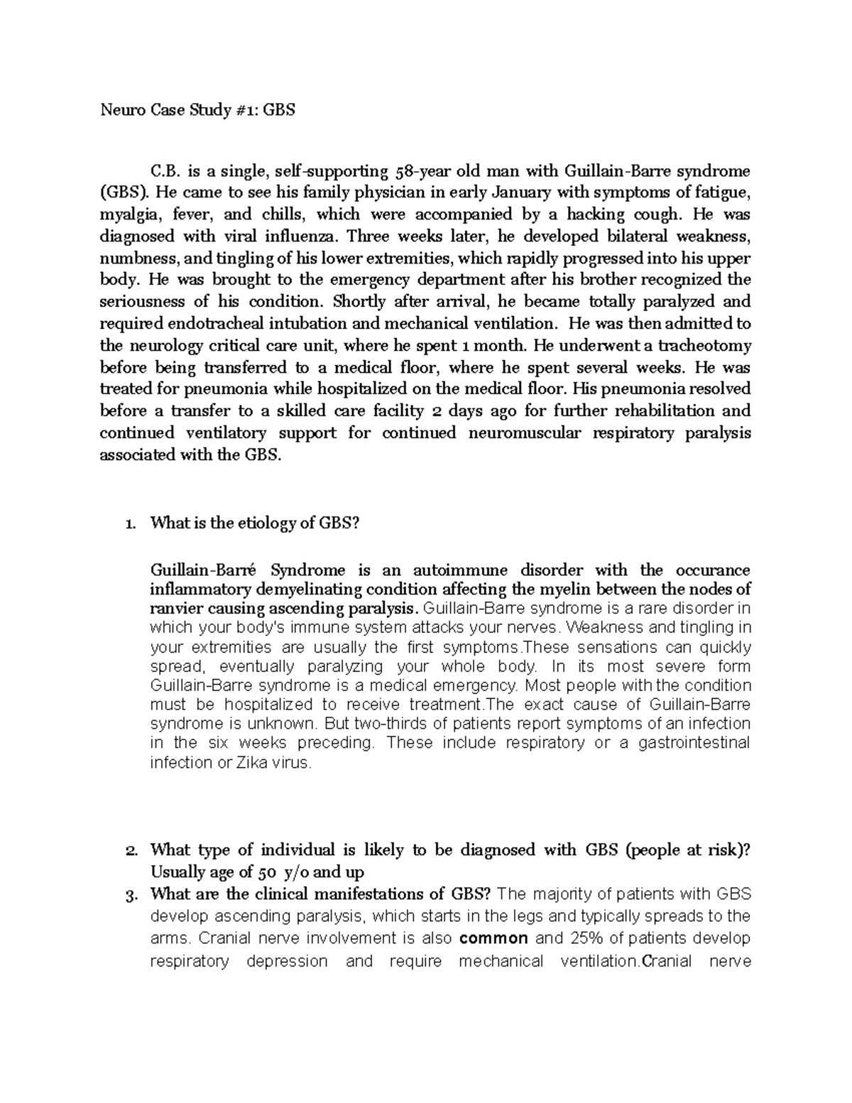 Neuro Case Study #1: Guillain-Barré Syndrome Analysis and Care - Studocu