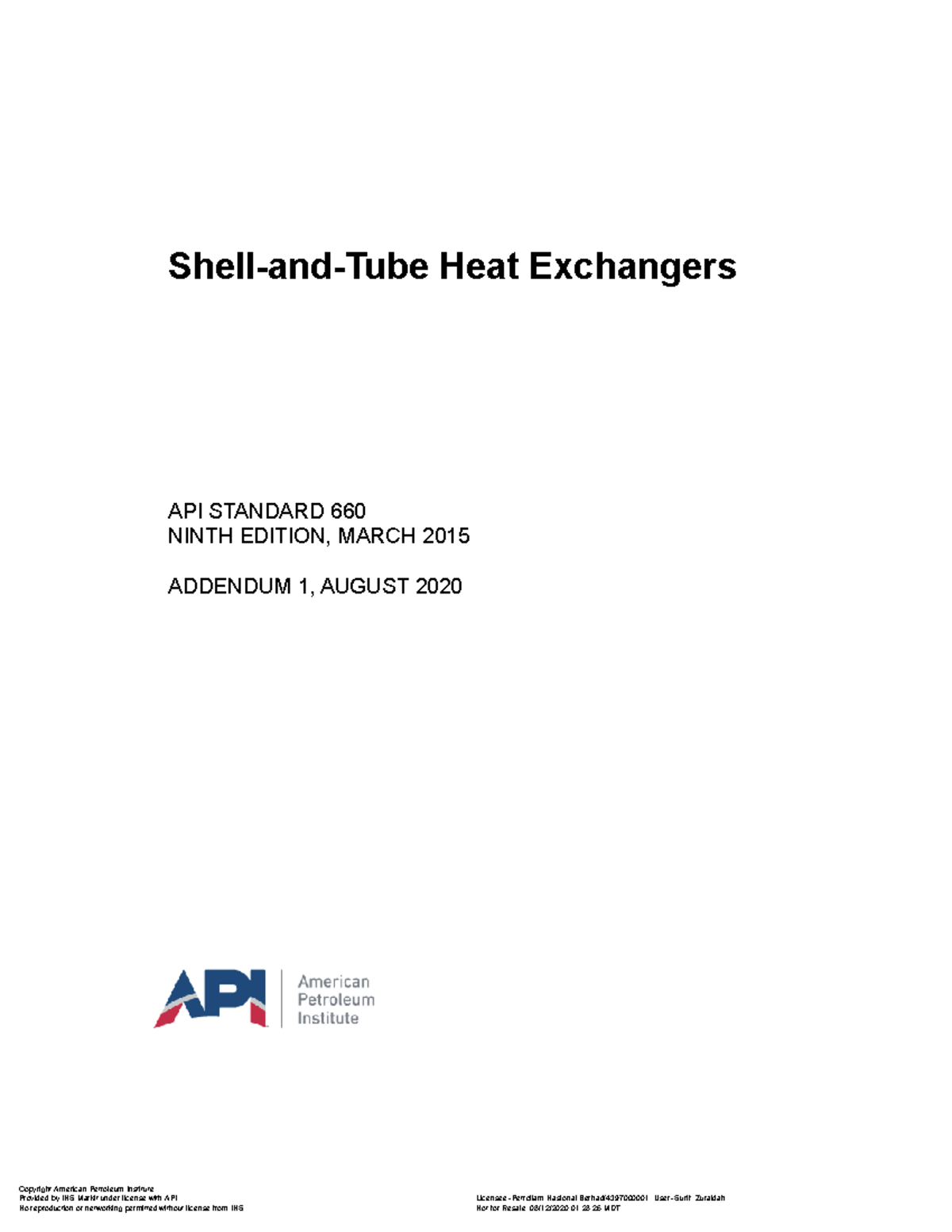 API 660 Standard for Heat Exchangers - 9th Edition, 2020 Addendum - Studocu