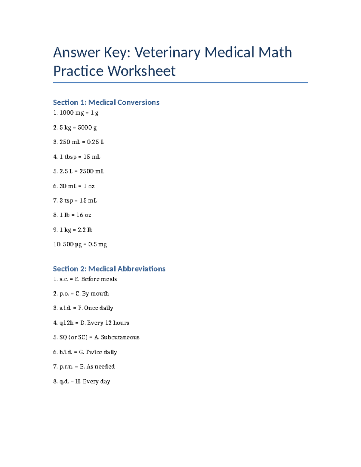 Veterinary Medical Math Answer Key: Practice Worksheet & Conversions ...