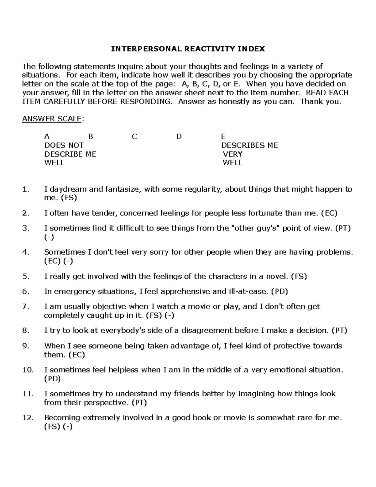 Interpersonal Reactivity Index: Scoring and Response Guide - Studocu