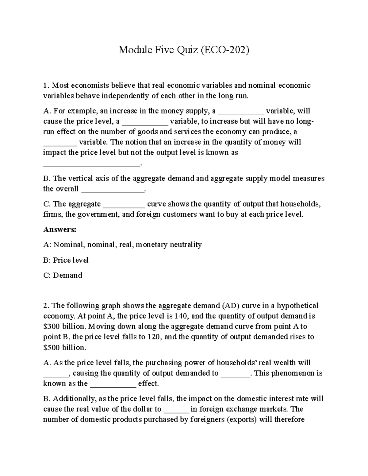Module 5 Quiz Answers (ECO 202): Economic Variables and Demand - Studocu