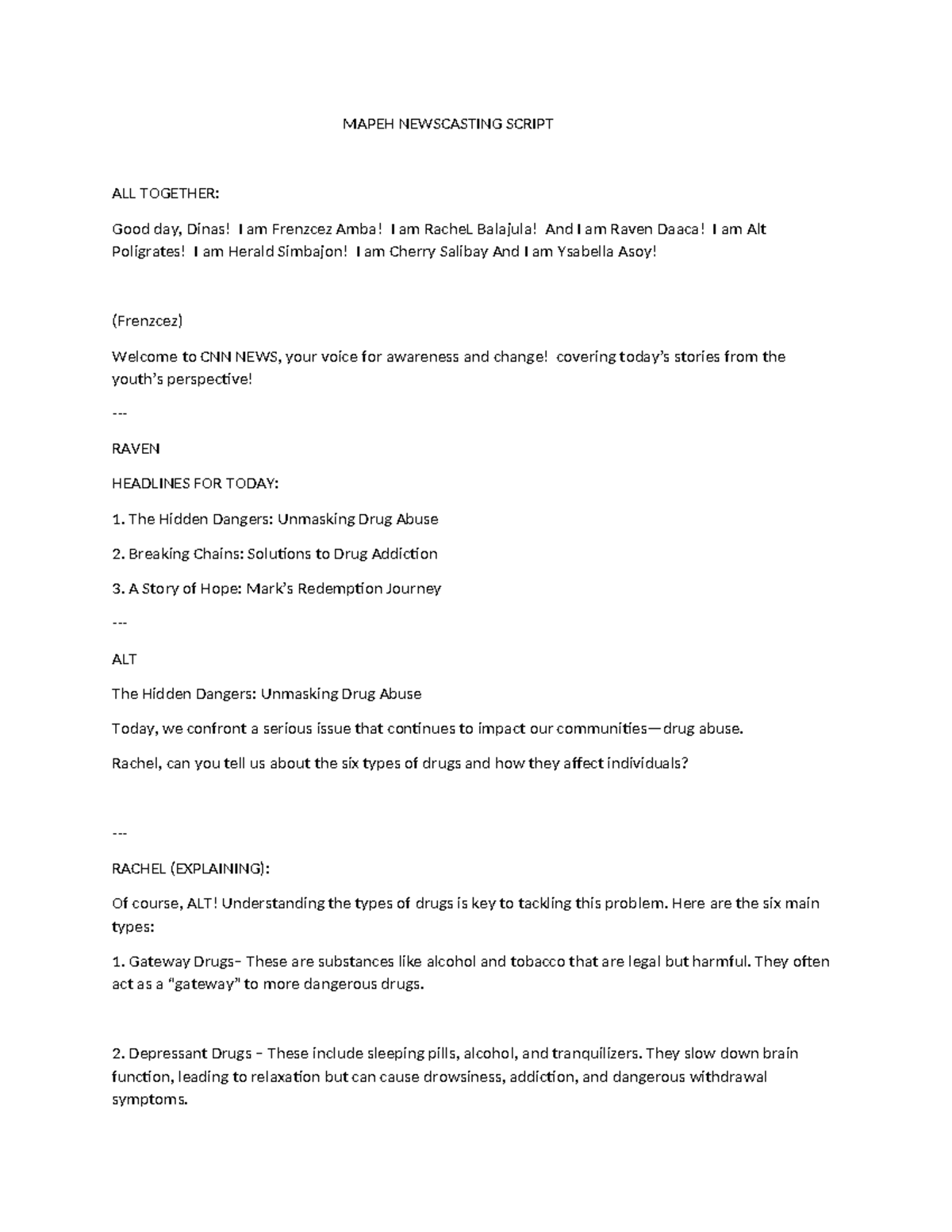 MAPEH 8926125755816255328: Newecasting Script on Drug Abuse Awareness ...