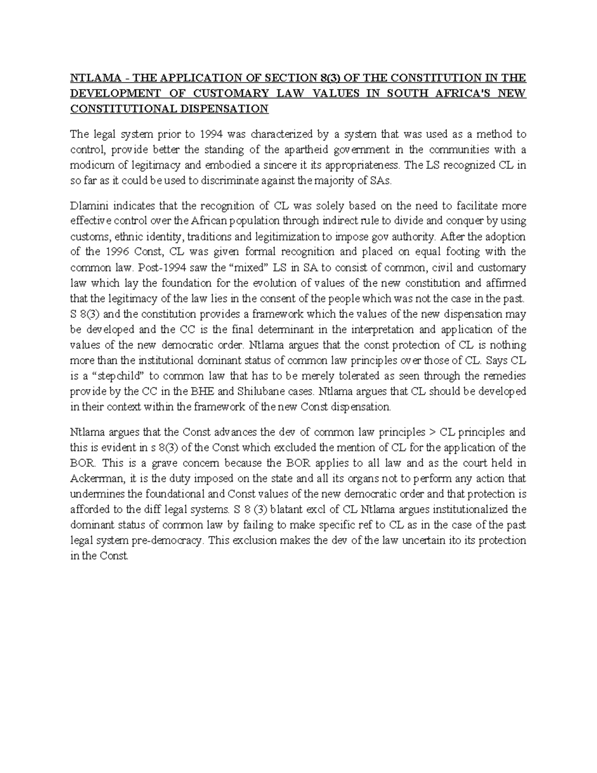 Ntlama on Section 8(3) & the Evolution of Customary Law in SA - Studocu