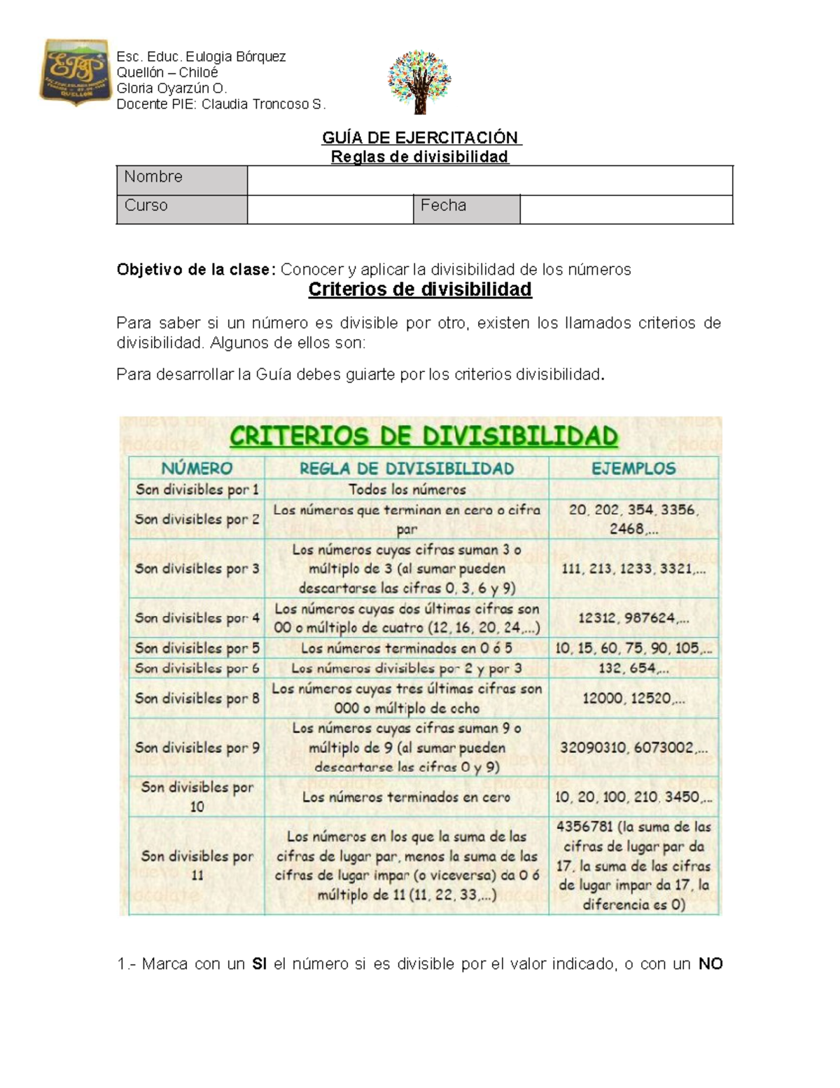 GUÍA DE EJERCITACIÓN: Reglas de Divisibilidad - Curso PIE - Studocu