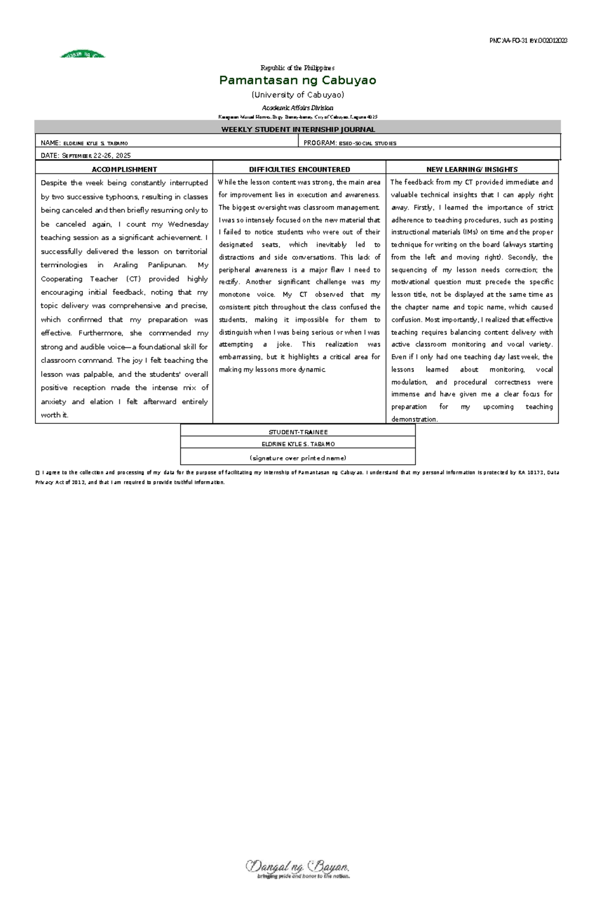 WEEKLY INTERNSHIP JOURNAL: ELDRINE KYLE S. TABAMO - SEPT 2025 - Studocu