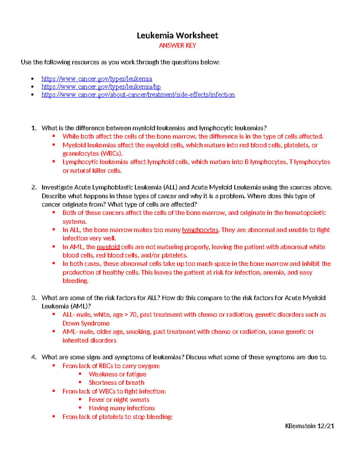 Leukemia answer key - Leukemia Worksheet ANSWER KEY Use the following ...