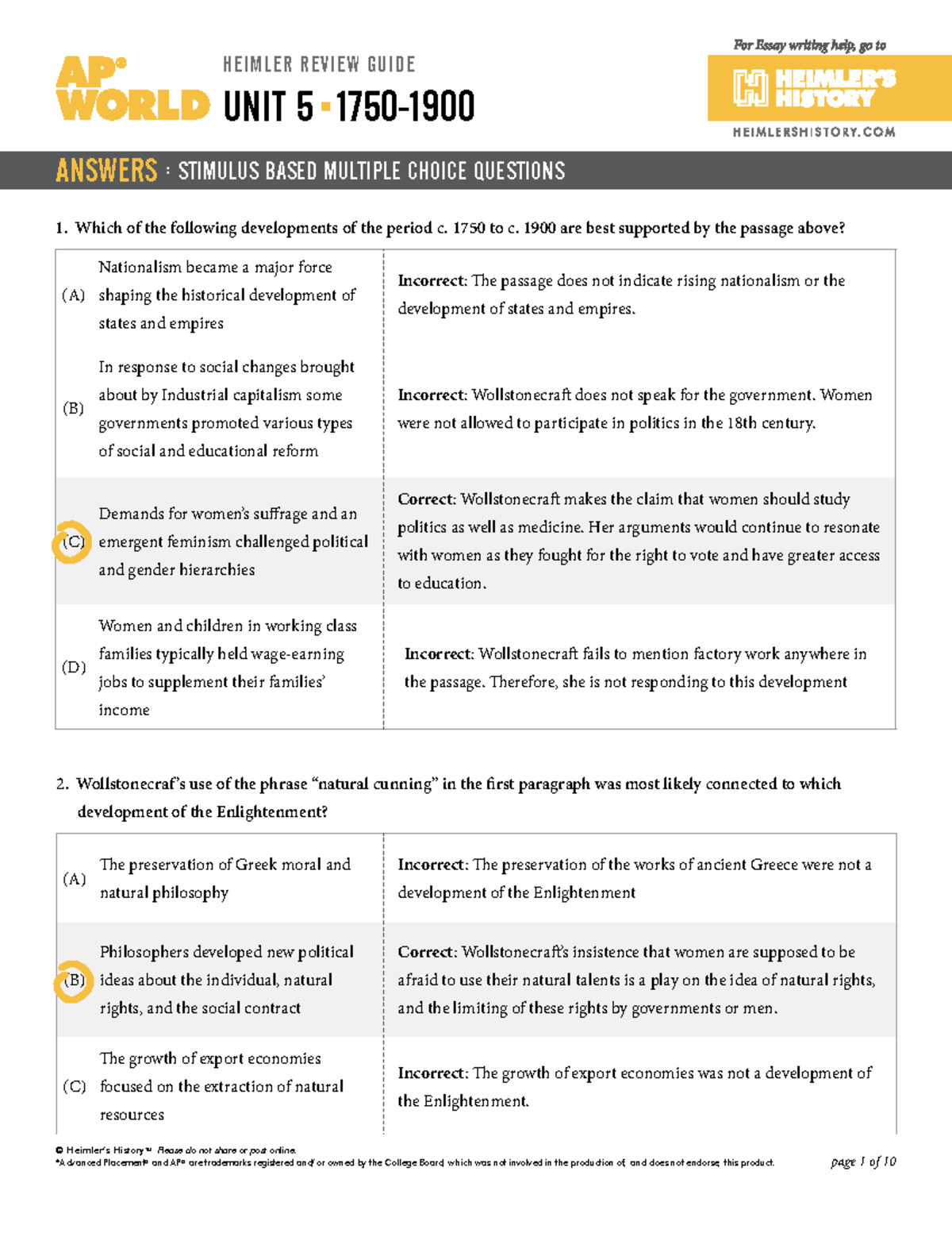 AP World History Unit 5 MCQs Answer Key (1750-1900) - Studocu