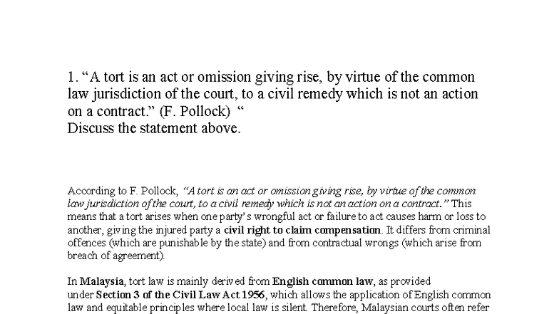Tort Law Tutorial 1: Understanding Civil Remedies and Liability - Studocu