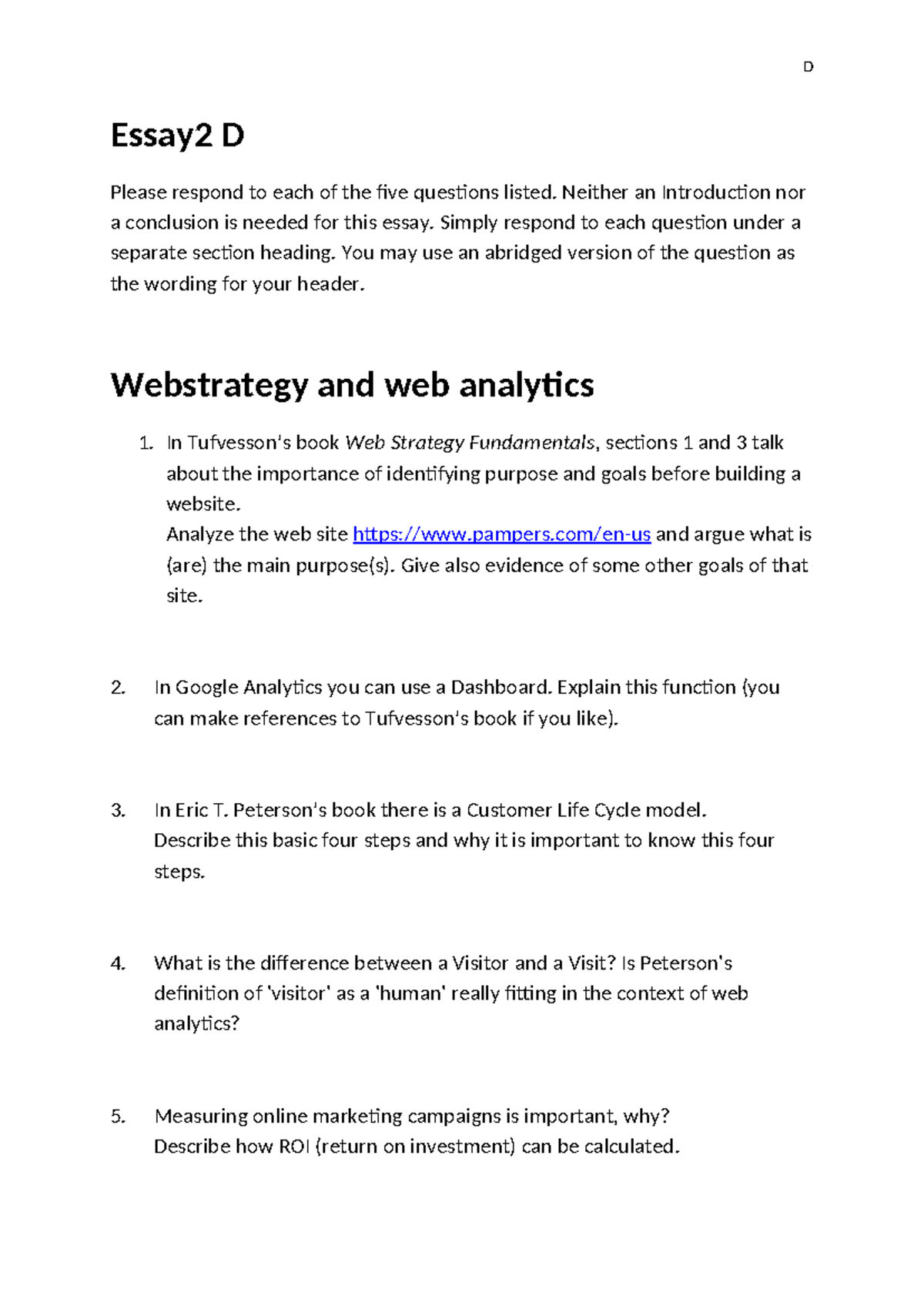 Essay 2 D: Analyzing Web Strategy & Analytics Practices - Studocu