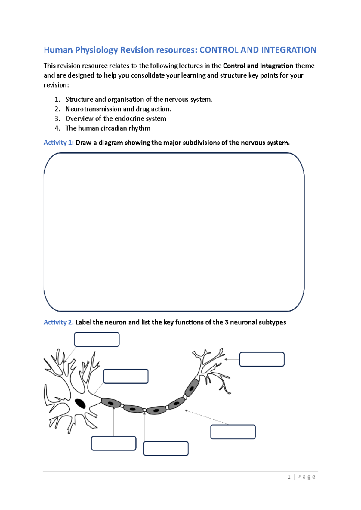 Human Physiology Revision: Control & Integration Resources - Studocu