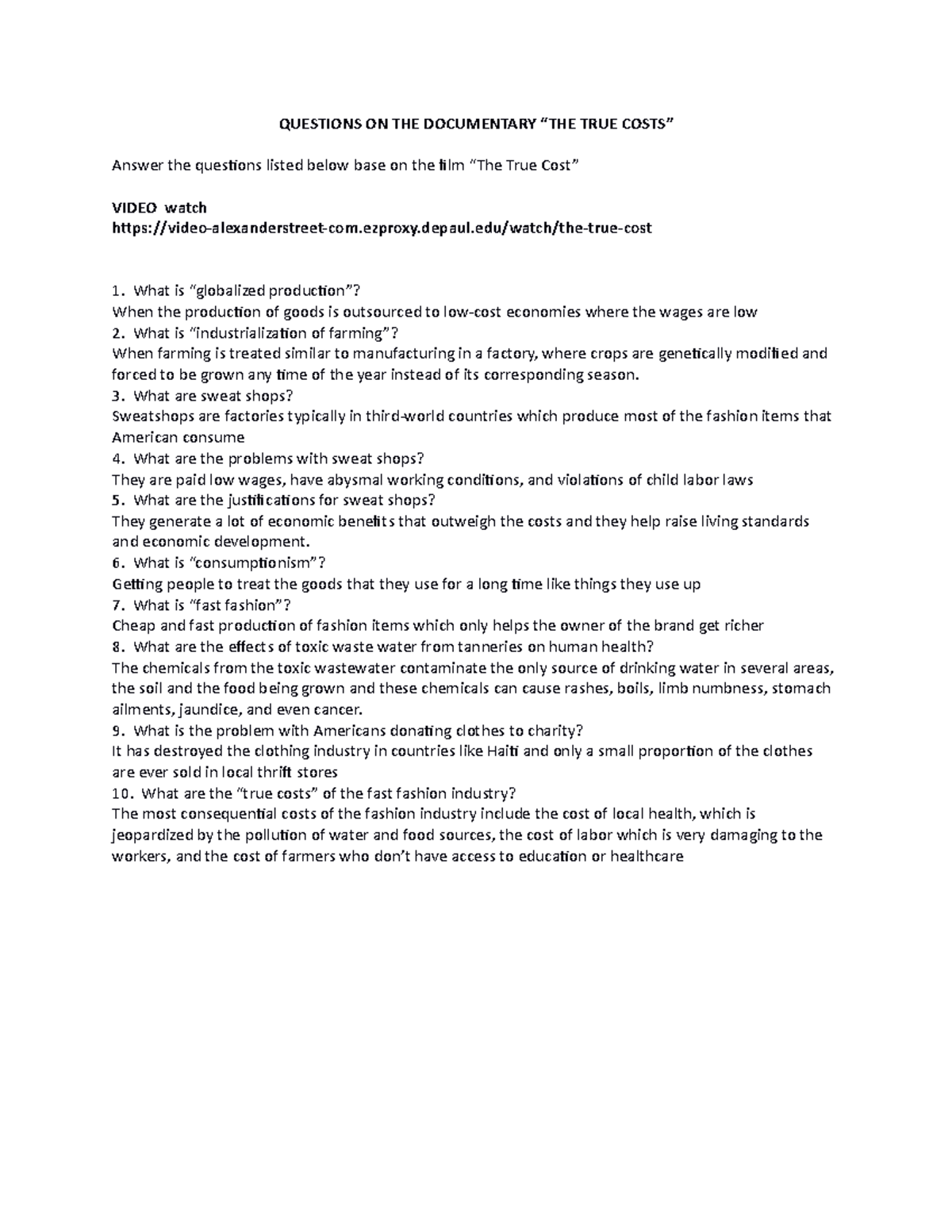 Questions and Answers on "The True Cost" Documentary (Study Notes ...