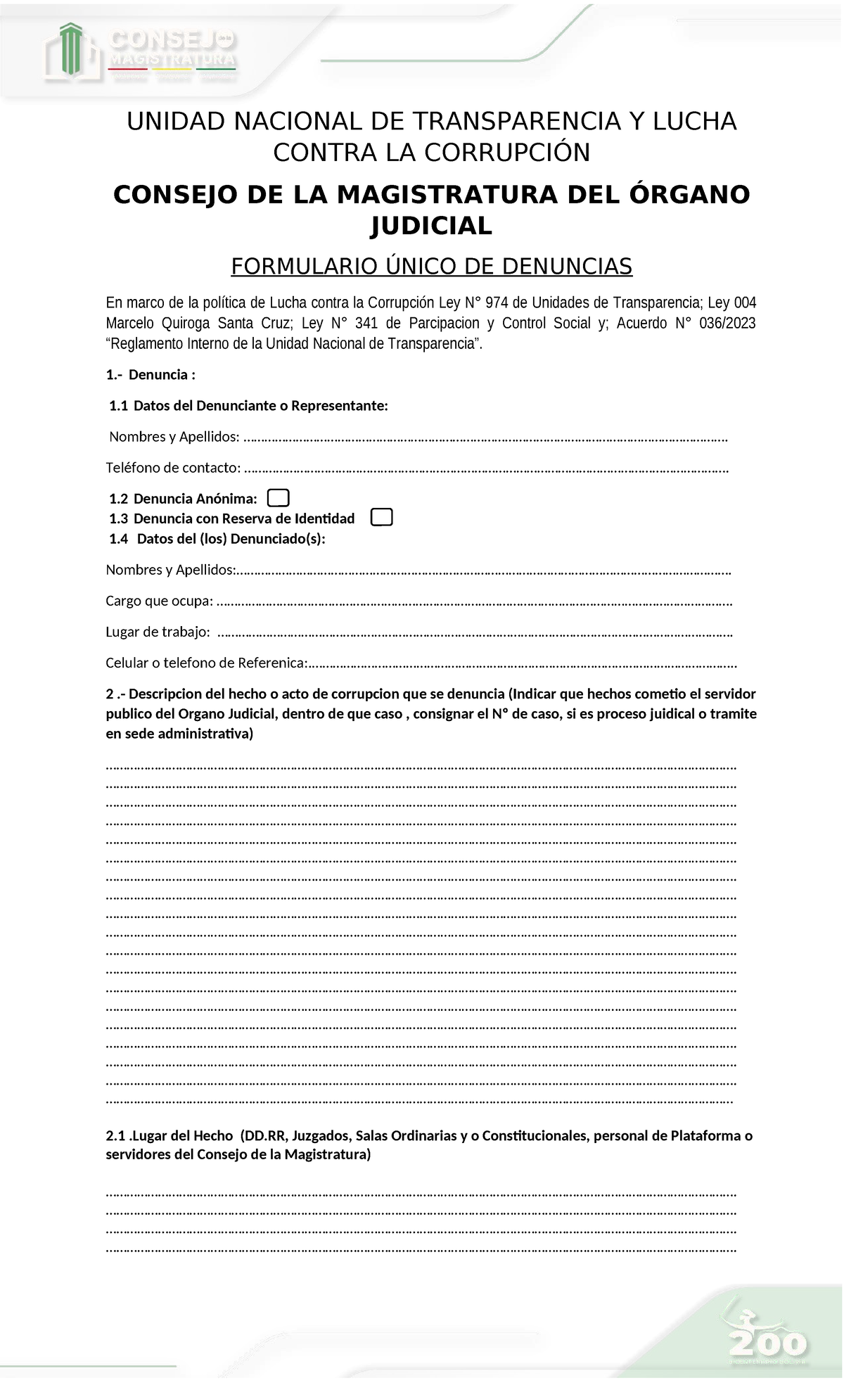 Formulario Único de Denuncias de Corrupción - Ley 974 - Studocu
