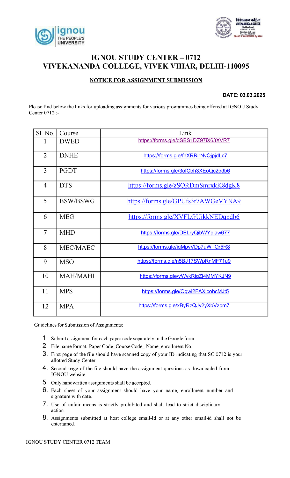 IGNOU 0712: Assignment Submission Guidelines for Various Programmes ...