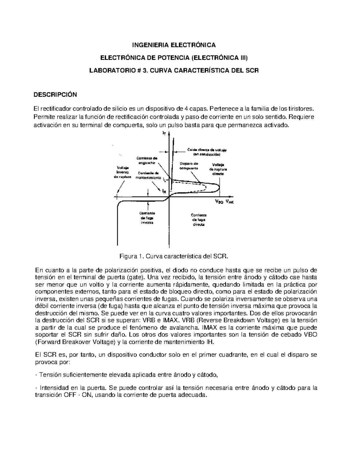Laboratorio #3: Curva Característica del SCR - Electrónica III - Studocu