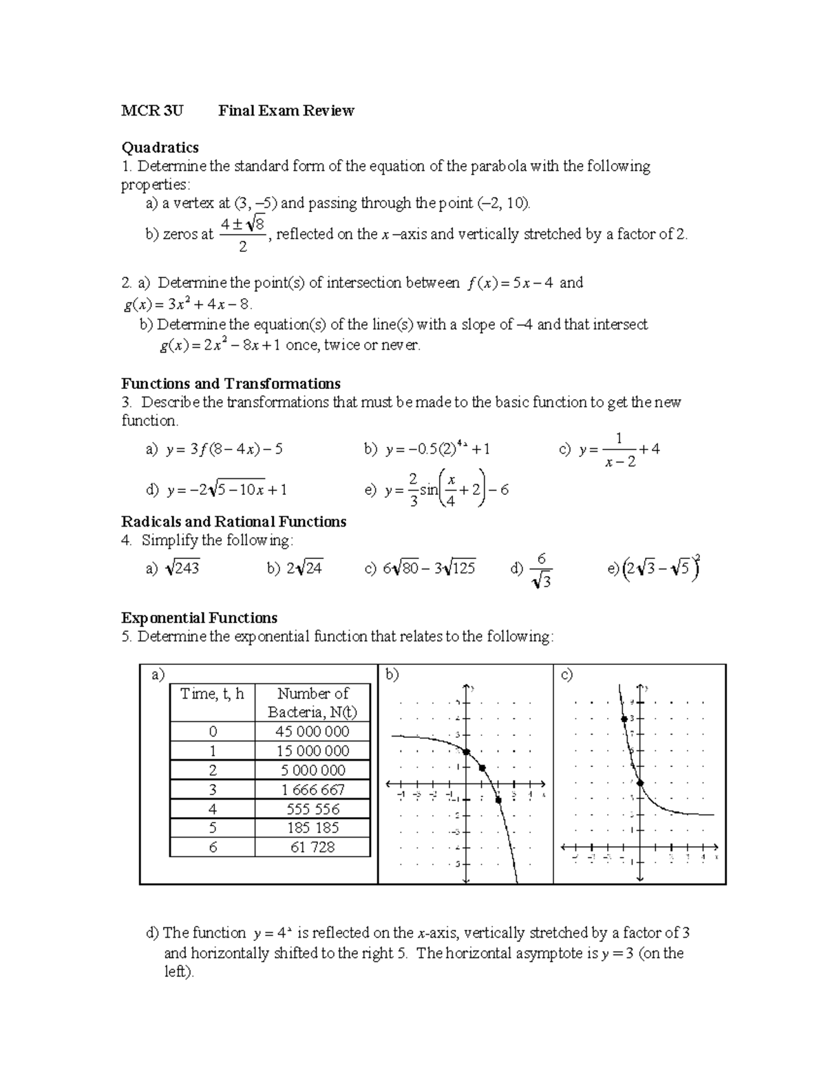 Exam Review (With Answers) - MCF3M - MCR 3U Final Exam Review ...