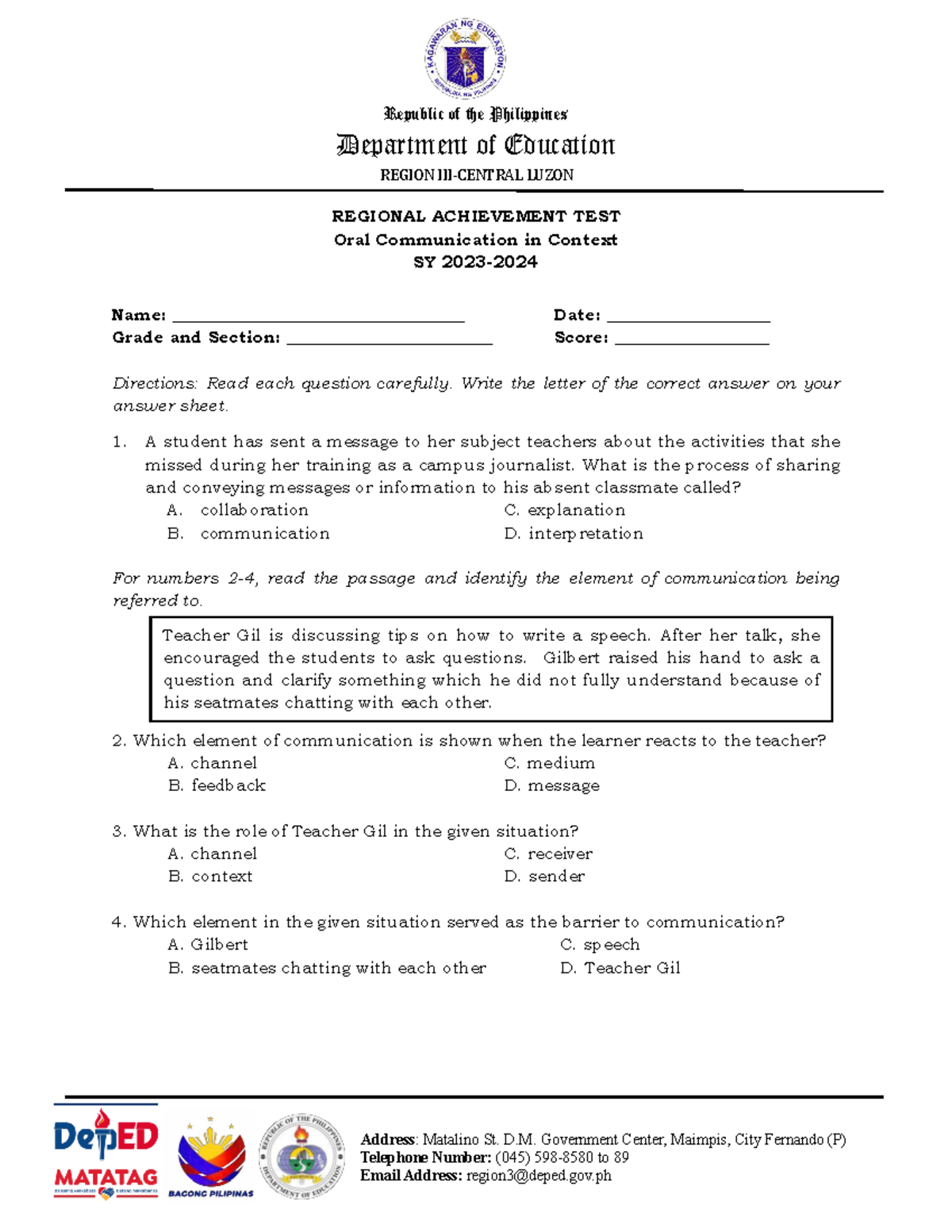 ENG 101: Finalized Oral Communication Achievement Test Guide - Studocu