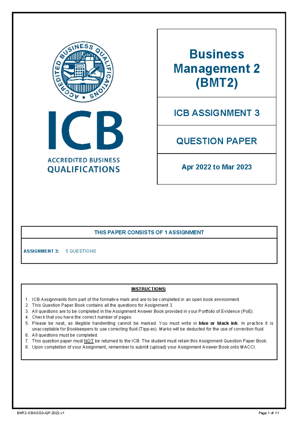 BMT2-ICB Assignment 3 QP: Business Management Questions 2022-2023 - Studocu