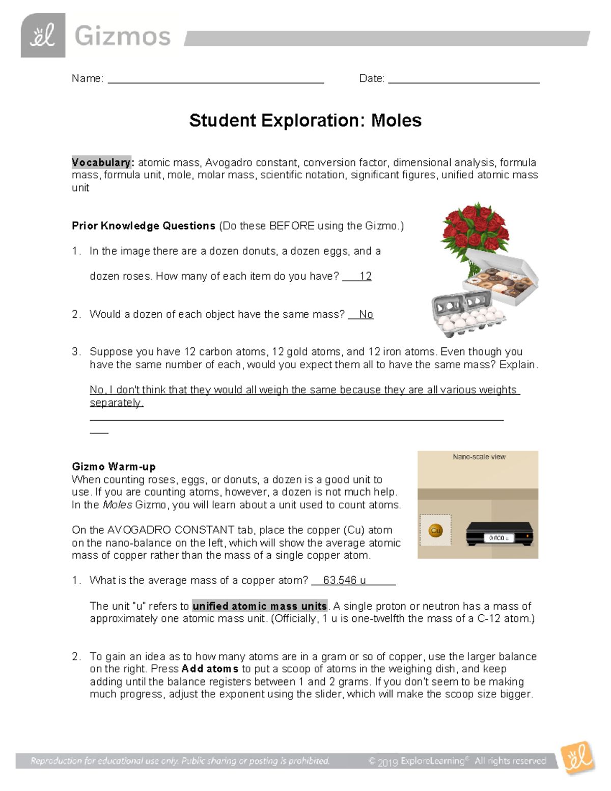 Moles SE: Student Exploration and Answer Guide (Chem 101) - Studocu