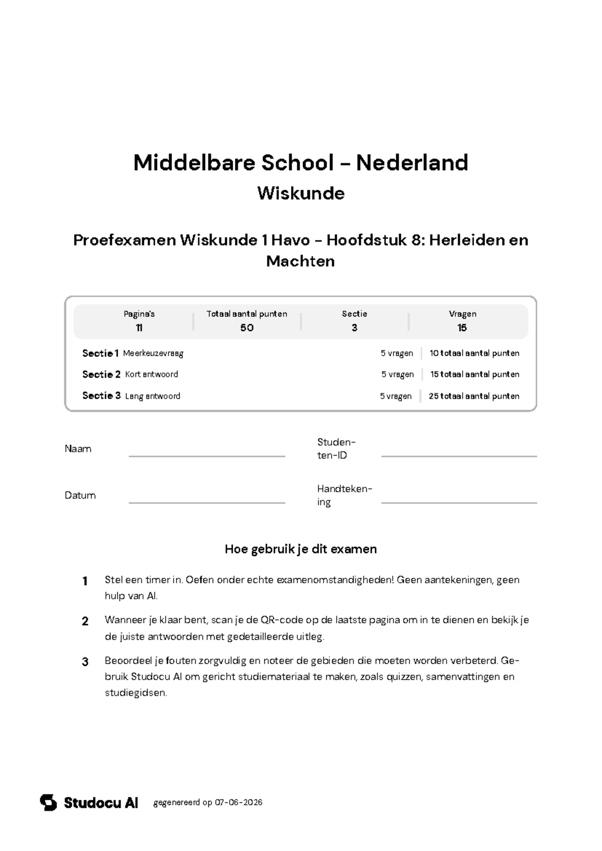 Proefexamen Wiskunde 1 Havo - Hoofdstuk 8: Herleiden en Machten ...