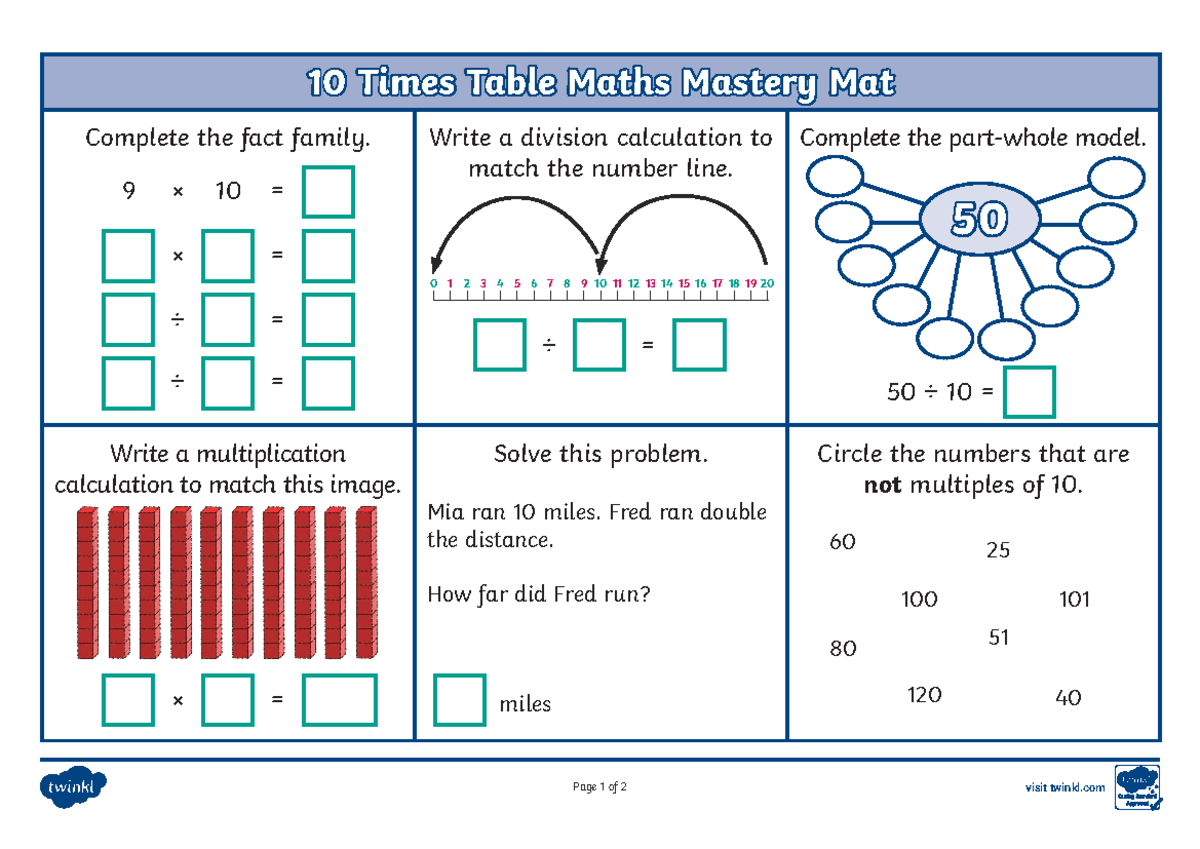 10 Times Table Maths Mastery Mat - Write a division calculation to ...