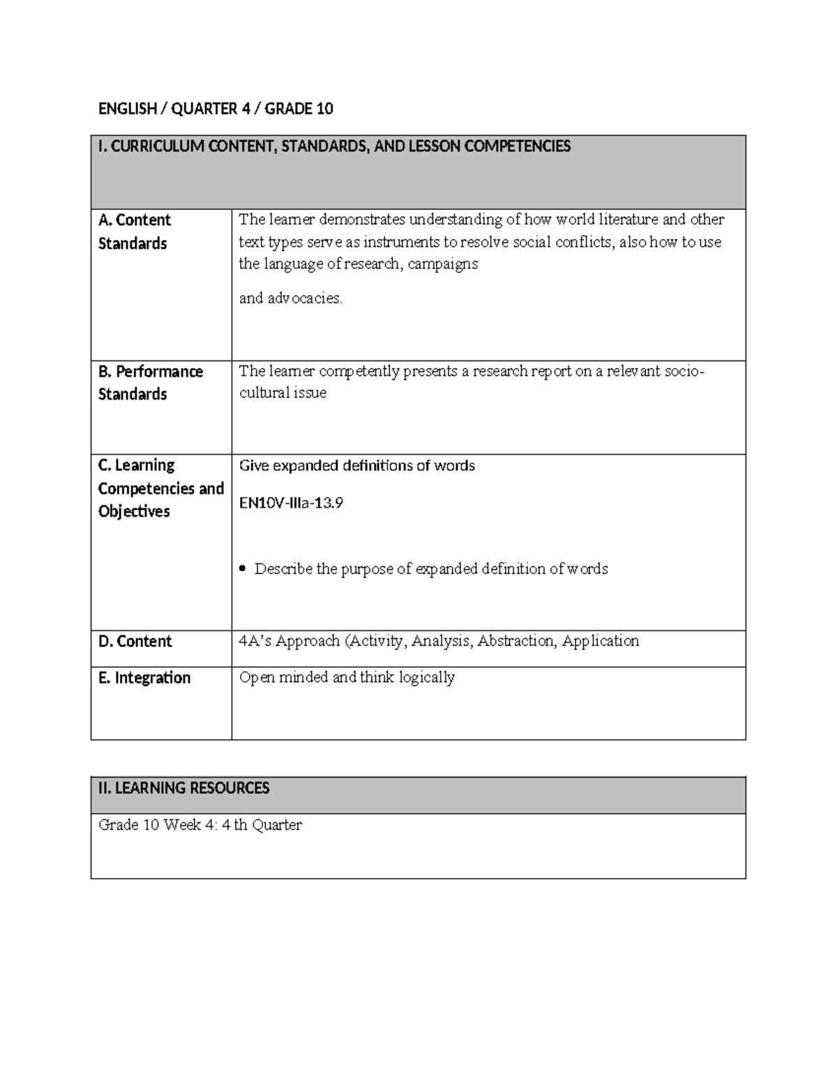 ENGLISH G10 Q4: Lesson Plan on Expanded Definitions & Competencies ...