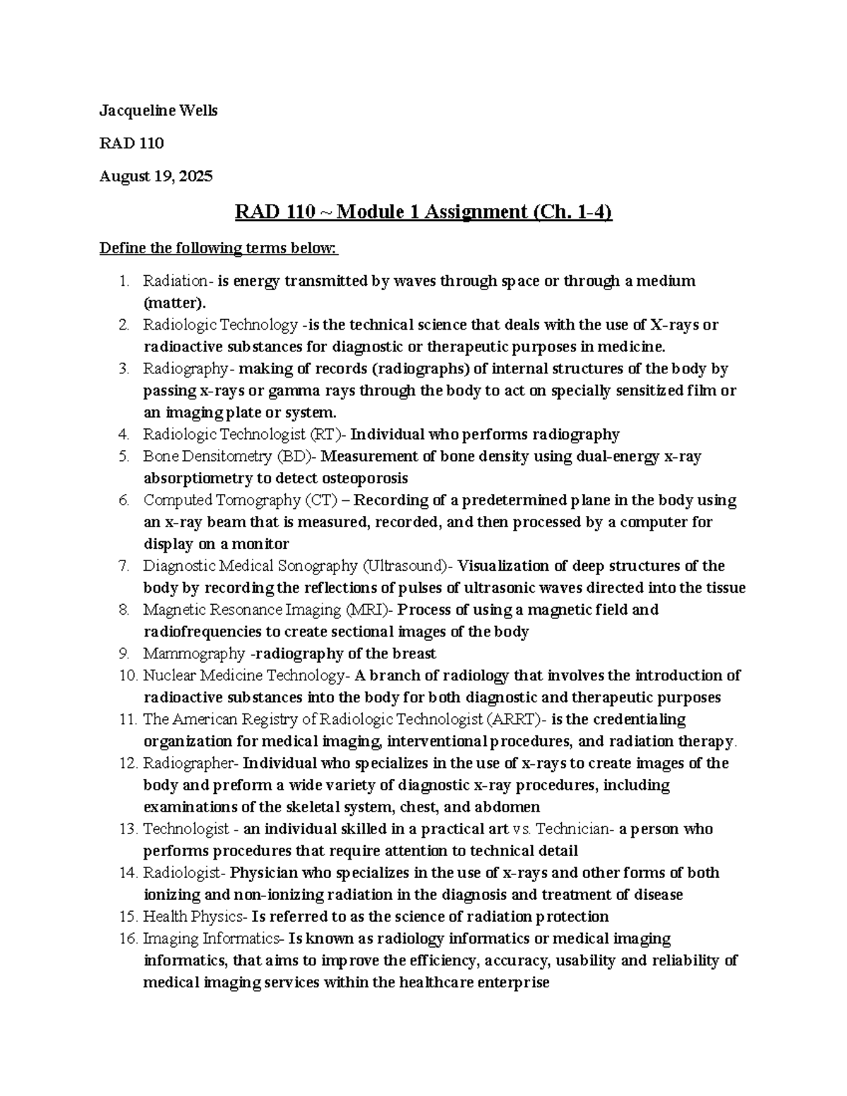 RAD 110 - Module 1 Assignment: Key Terms in Radiologic Technology - Studocu