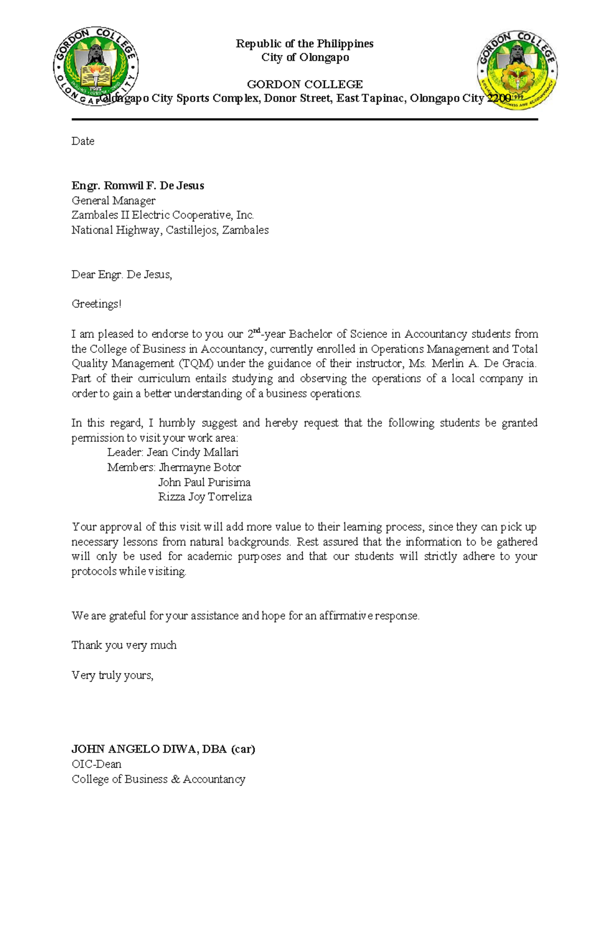 Endorsement- Letter - Republic of the Philippines City of Olongapo ...
