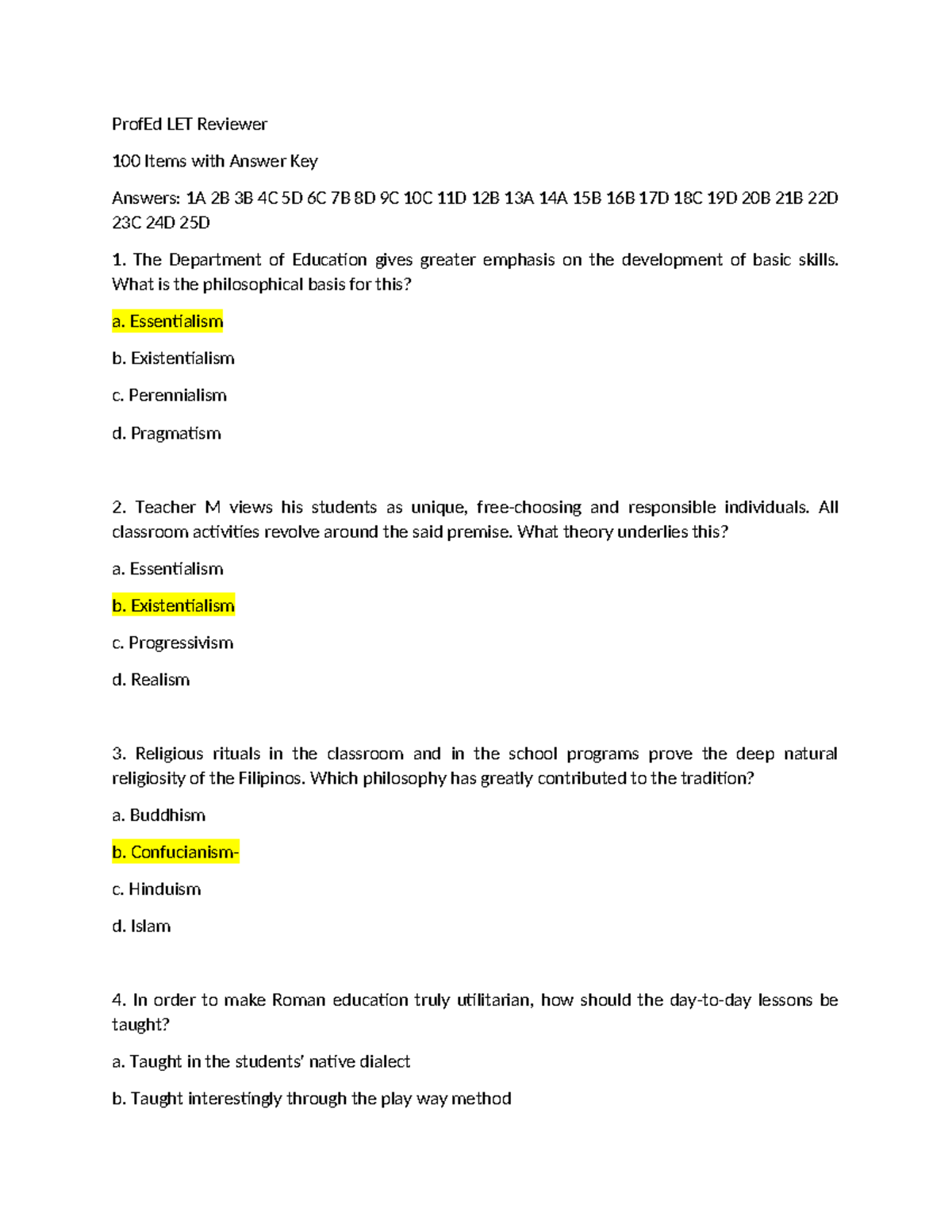 ProfEd LET Reviewer: 100 Items with Answer Key (035628) - Studocu