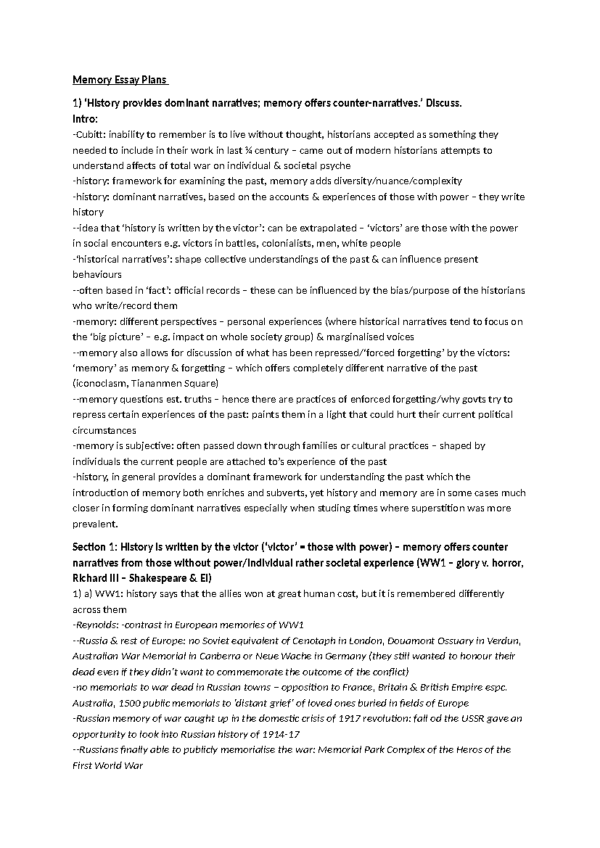 Memory Essay Plans: Exploring Dominant and Counter Narratives in ...