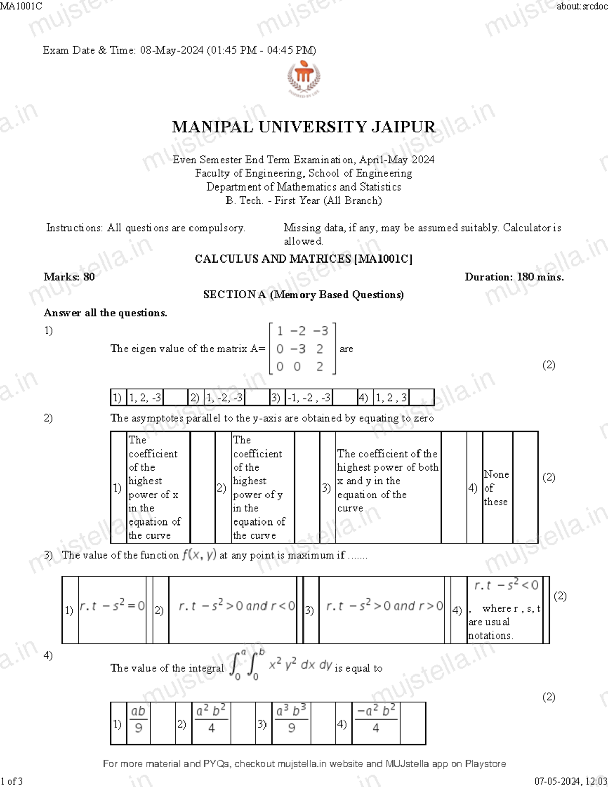 MA1001C ETE Exam Question Paper - Calculus and Matrices 2024 - Studocu