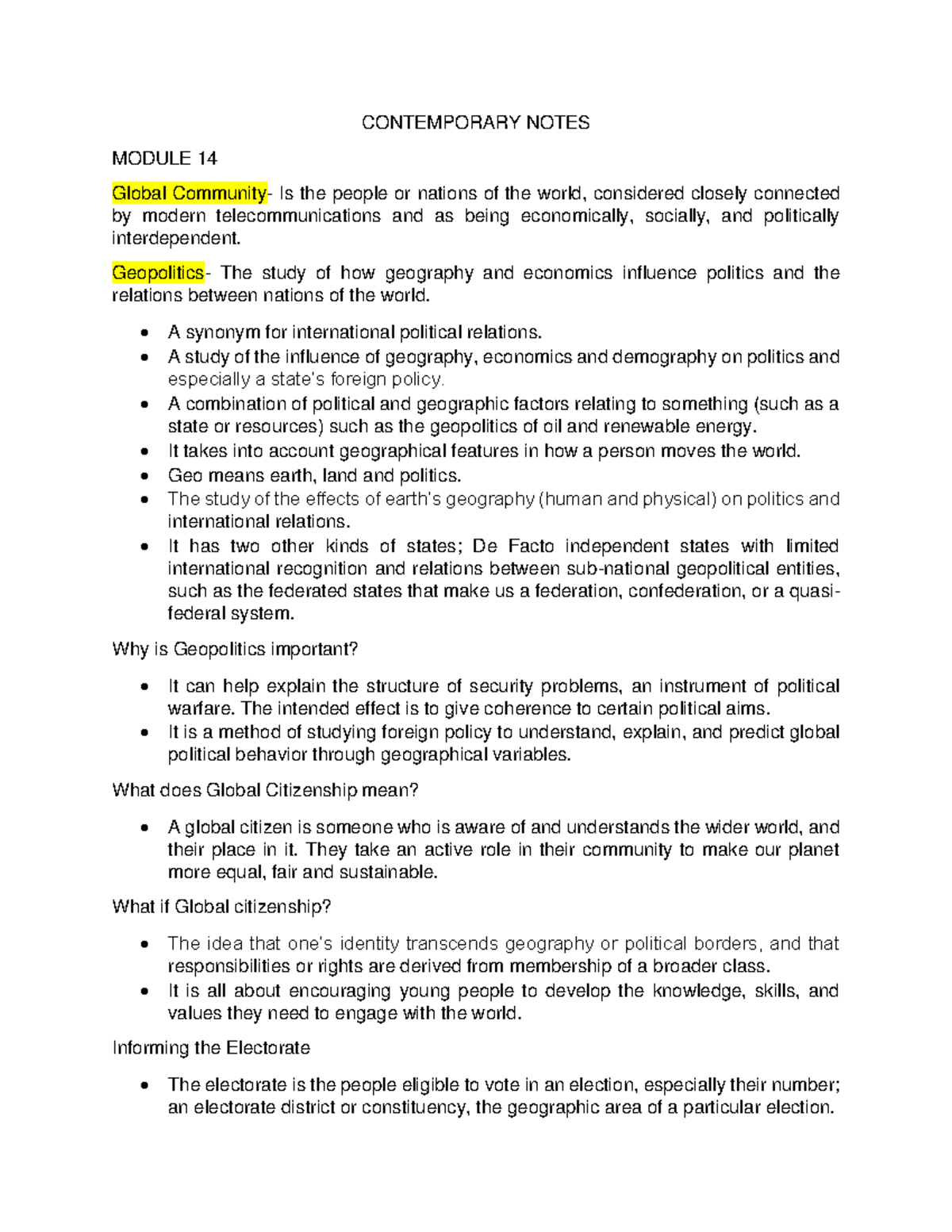 Contemporary- Notes - CONTEMPORARY NOTES MODULE 14 Global Community- Is ...