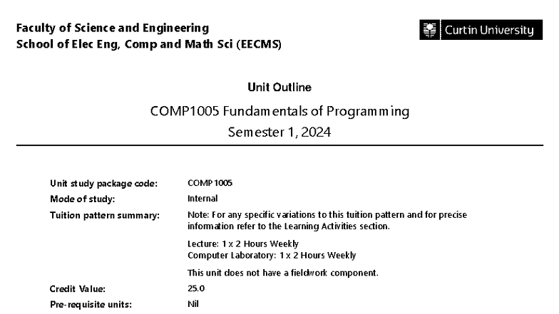 COMP1005 Unit Outline: Fundamentals of Programming - Semester 1, 2024 ...