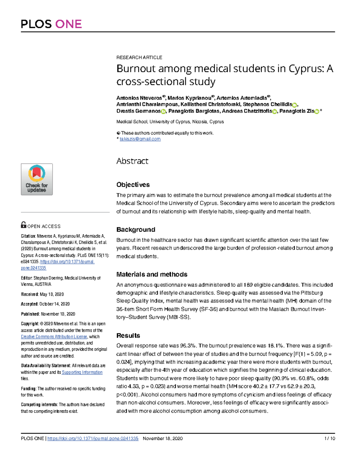 PLOS ONE Research Article: Burnout in Medical Students in Cyprus - Studocu