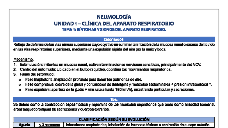NEUMOLOGÍA UNIDAD 1: SÍNTOMAS Y SIGNOS DEL APARATO RESPIRATORIO - Studocu