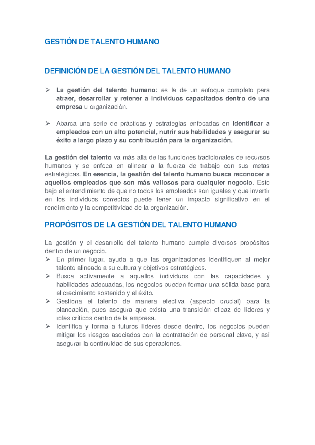 GESTIÓN DE TALENTO HUMANO: DEFINICIÓN Y PROPÓSITOS - Studocu