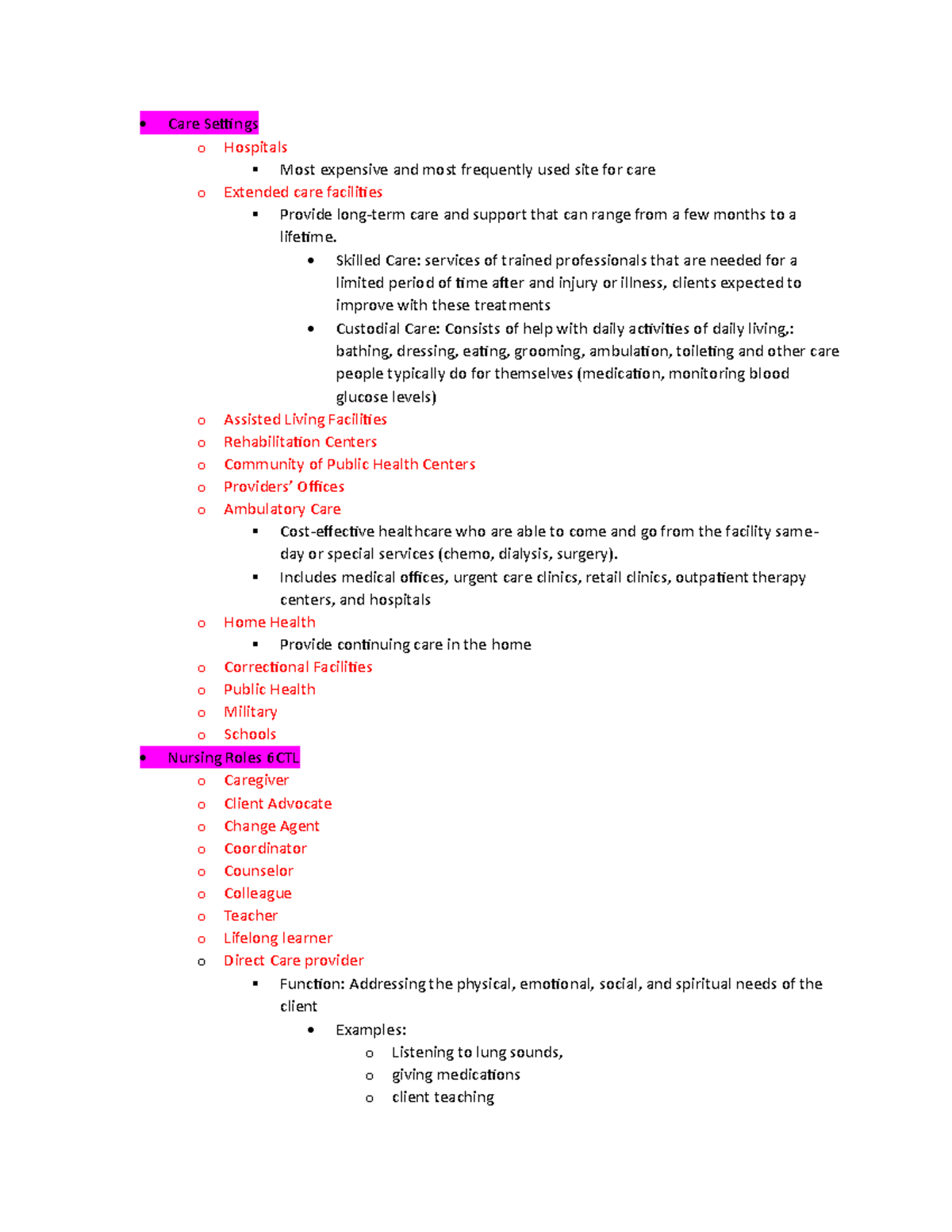 NURS 101 Concepts Exam #1 Care Settings and Nursing Roles Overview ...