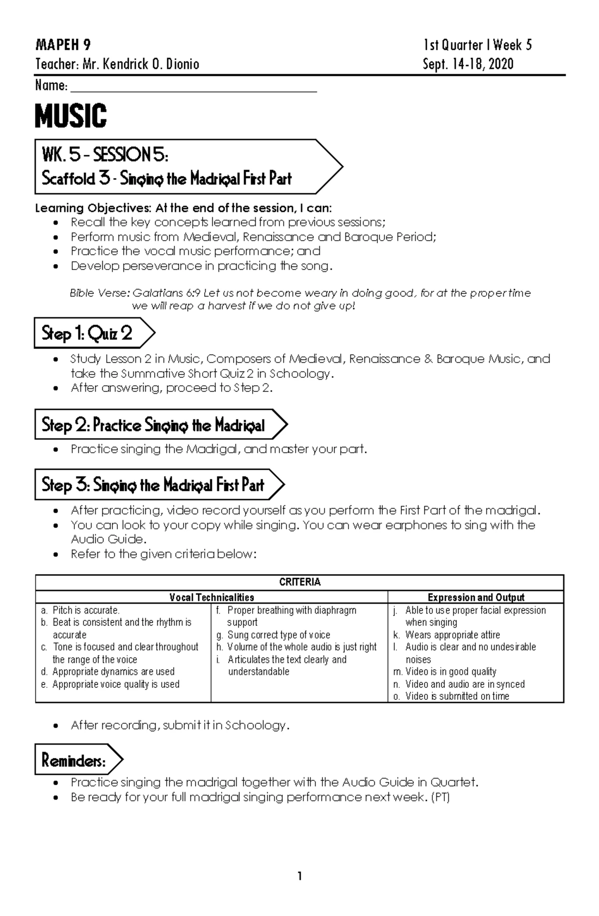 MAPEH 9 Module - 1st Quarter Week 4: Music & Arts Activities - Studocu