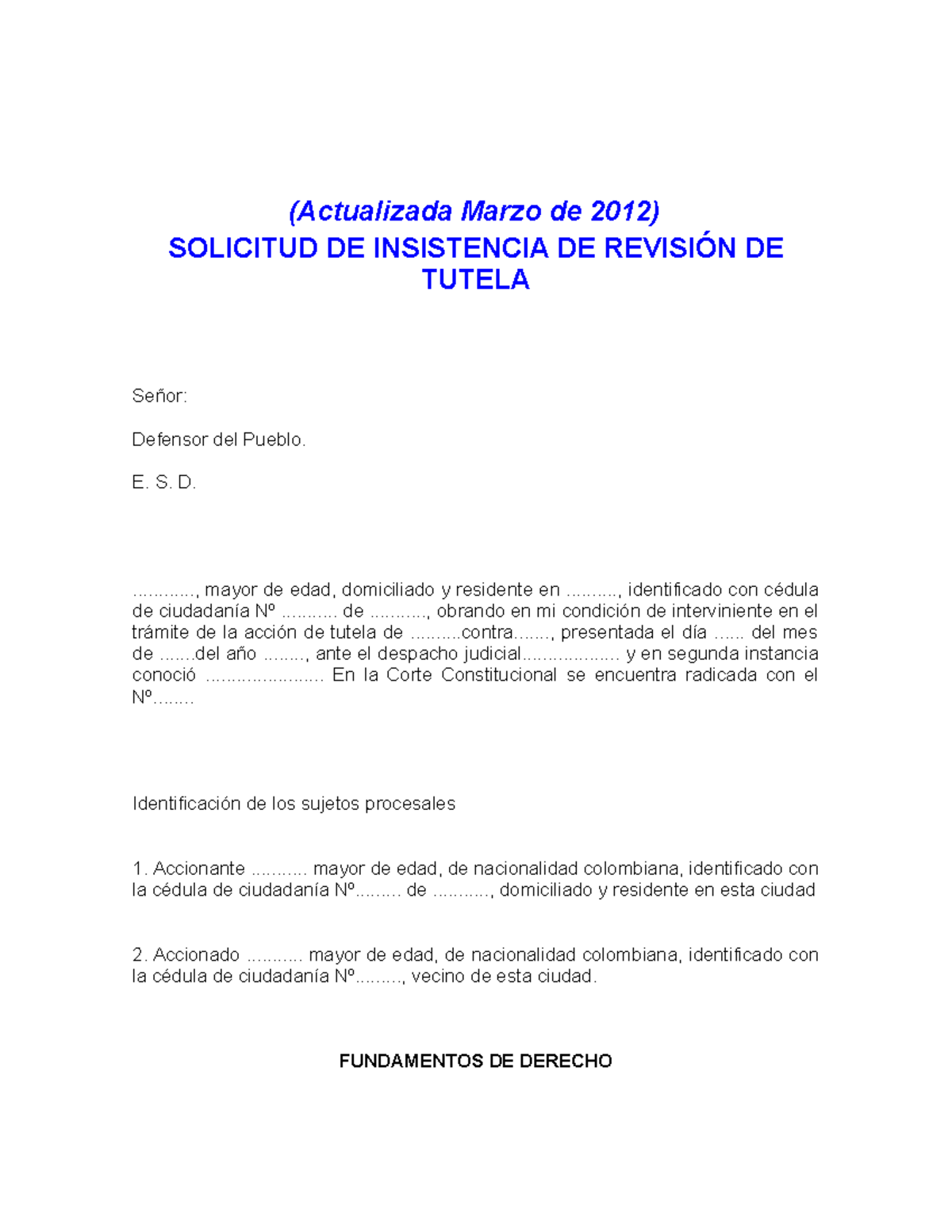 Solicitud de Insistencia para Revisión de Tutela - 2012 - Studocu