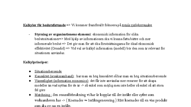 Kalkyler för beslutsfattande: Självkostnad och Effektivitet (Ekonomi ...