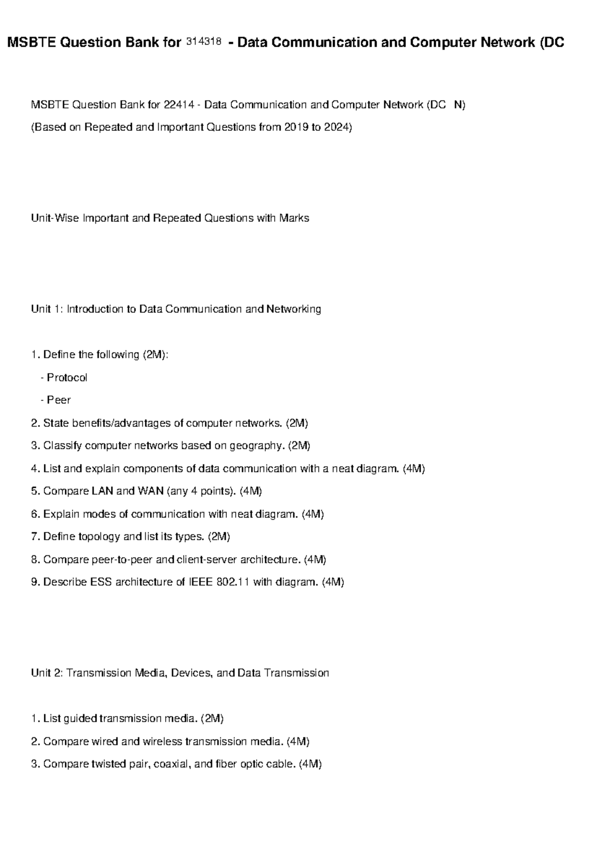 MSBTE 22414 DCCN Question Bank for Summer 2025 Exam (2019-2024) - Studocu