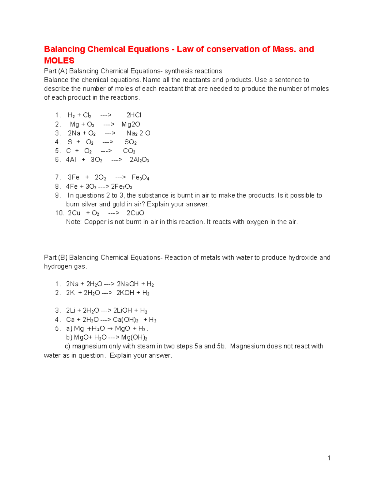 Balancing Chemical Equations: Conservation of Mass & Moles (WS1) - Studocu