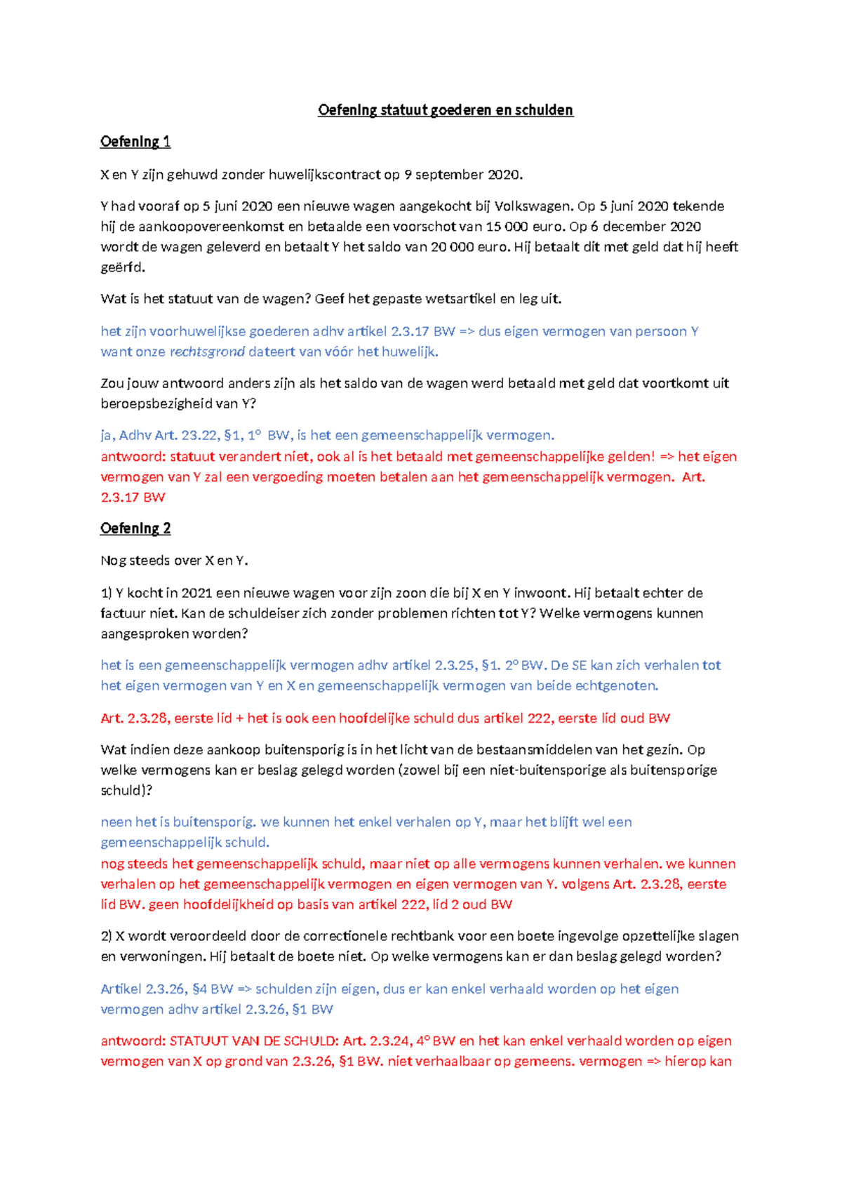 Oefeningen Statuten van Goederen en Schulden - 2425 - Studocu